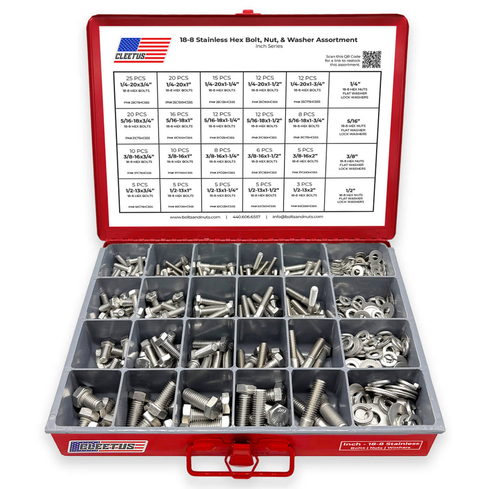 Inch Stainless Hex Bolt, Nut & Washer Assortment - 600 Piece – Cleetus ...
